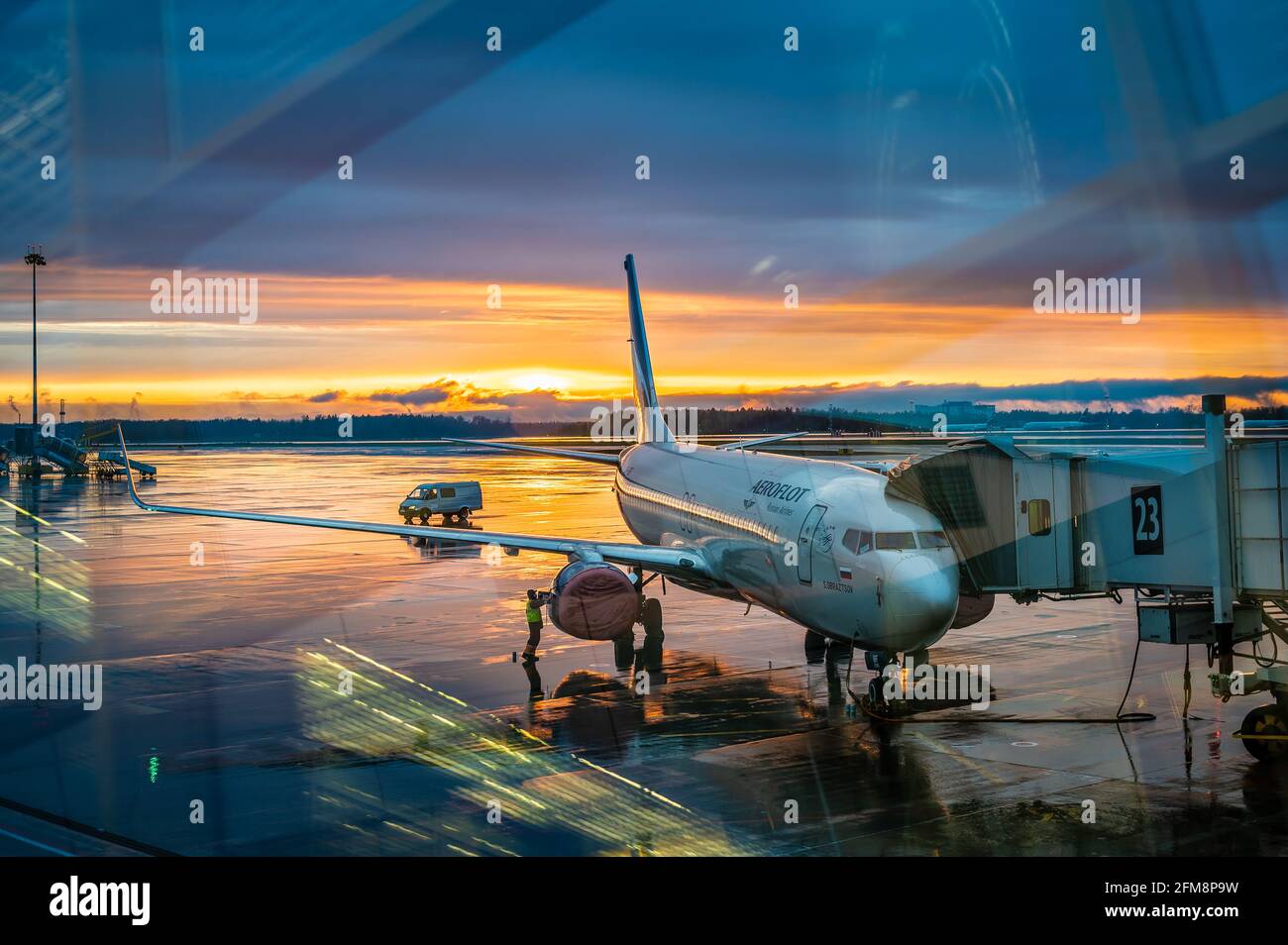 MOSCOW, RUSSIA - May 06, 2021: Aeroflot aircraft through glass with ...