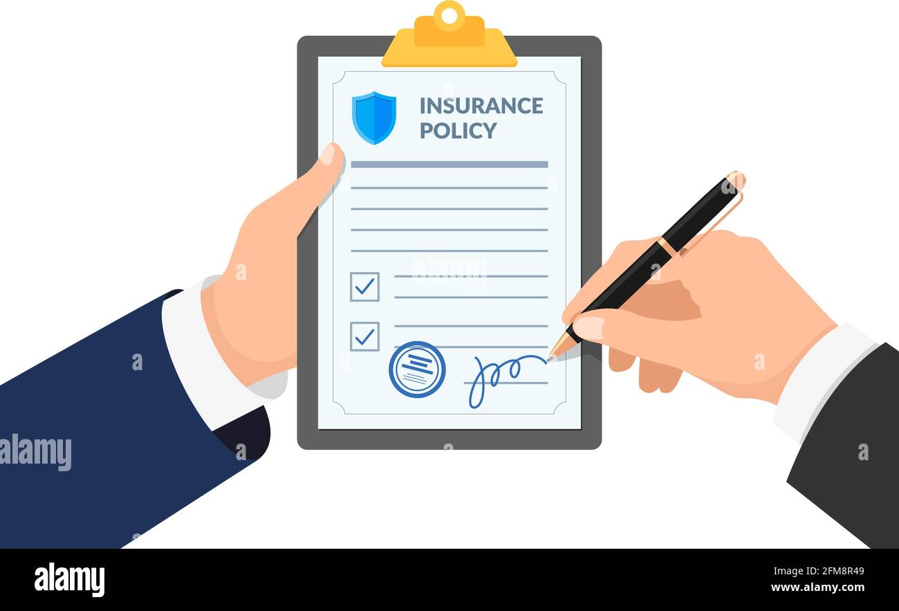 Insurance agent hand holding clipboard with policy form and businessman ...