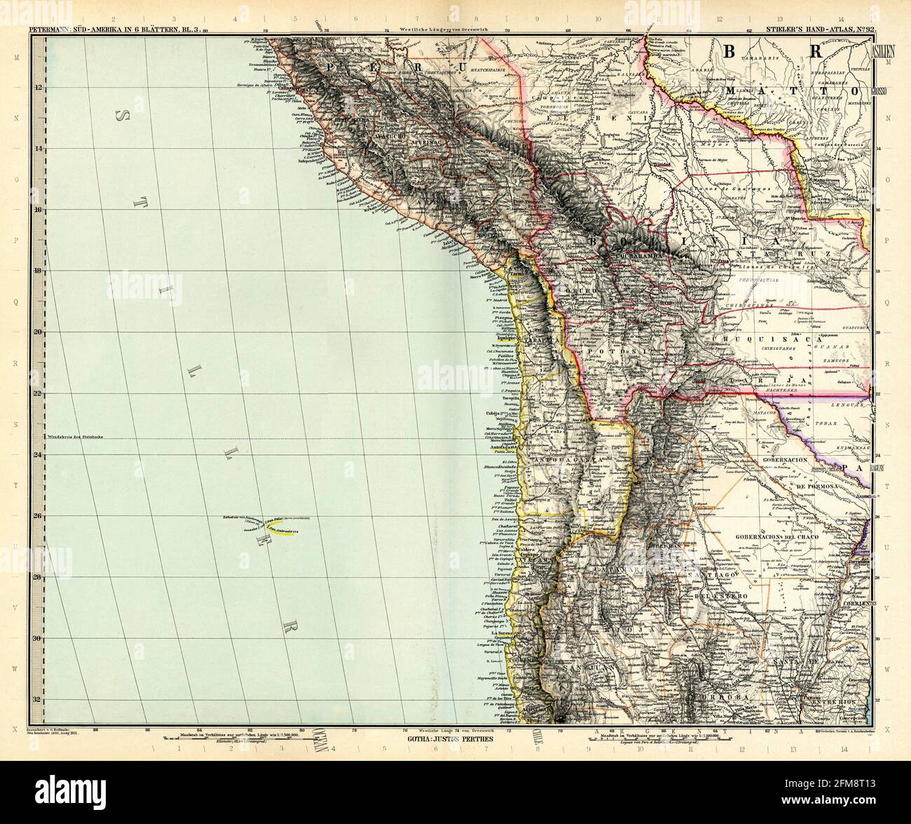 Vintage copper engraved map of Bolivia and Peru from 19th century. All ...