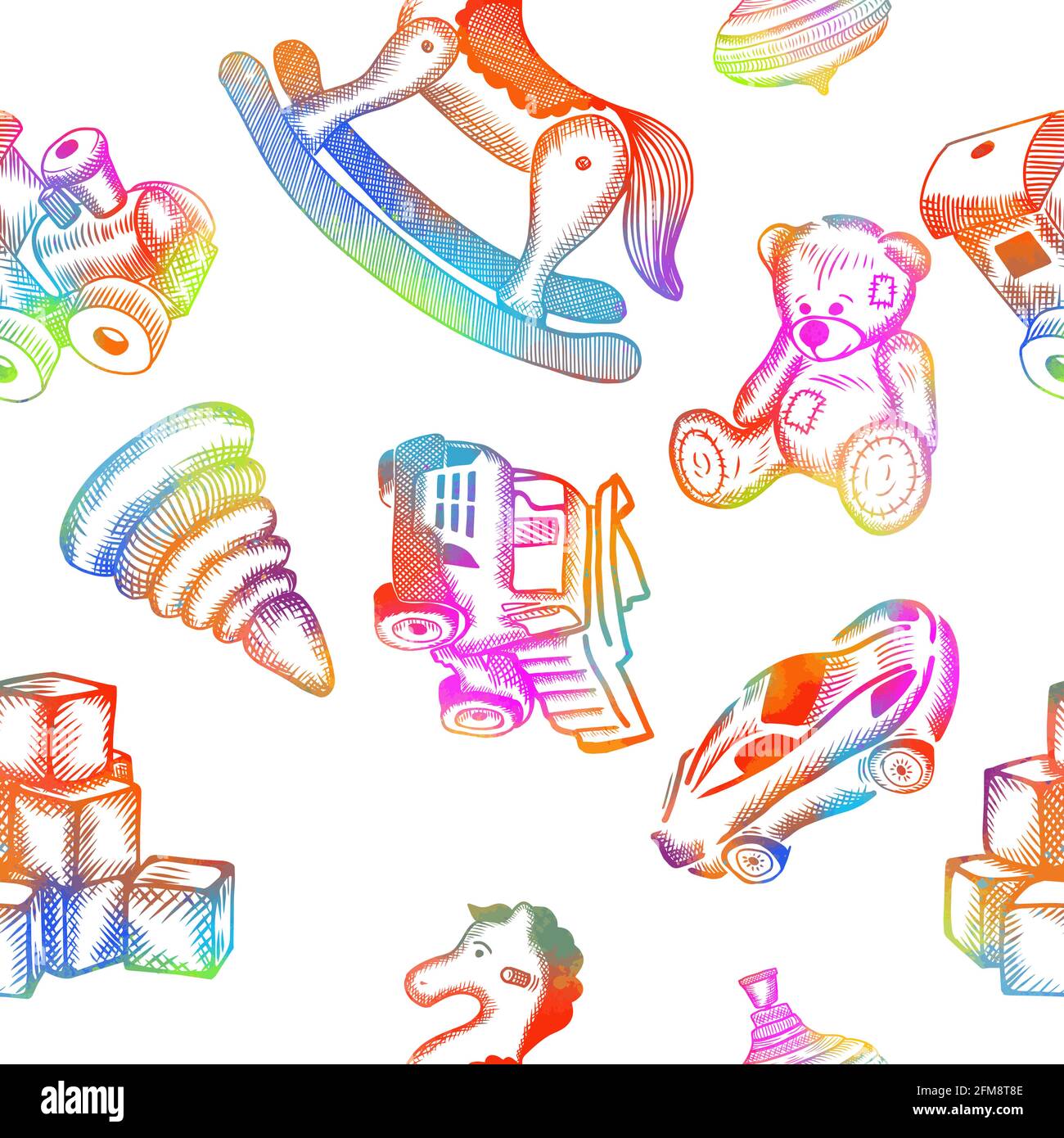 The seamless background of children's colorful toys is drawn with a pen ...