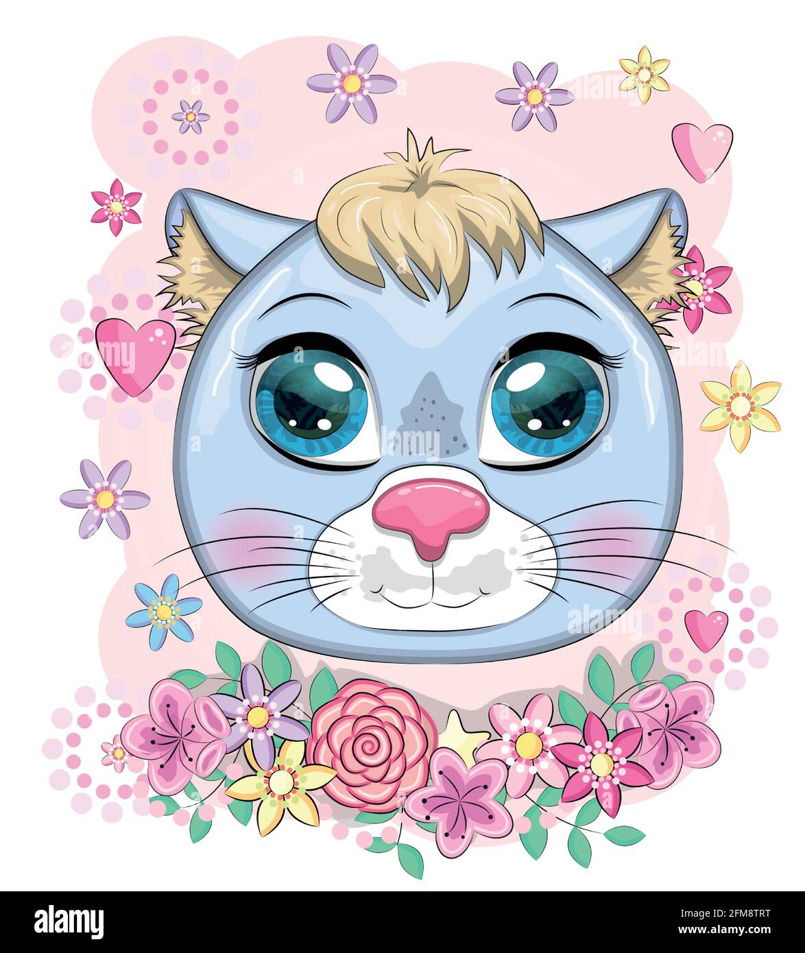 Cute cartoon blue cat, kitten on a background of flowers. Wild animals ...