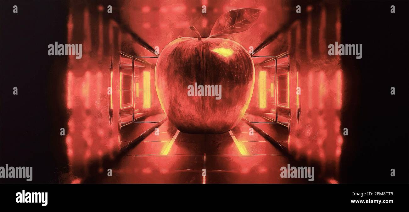 A giant apple on the floor. Red lighting. Futuristic background Stock ...