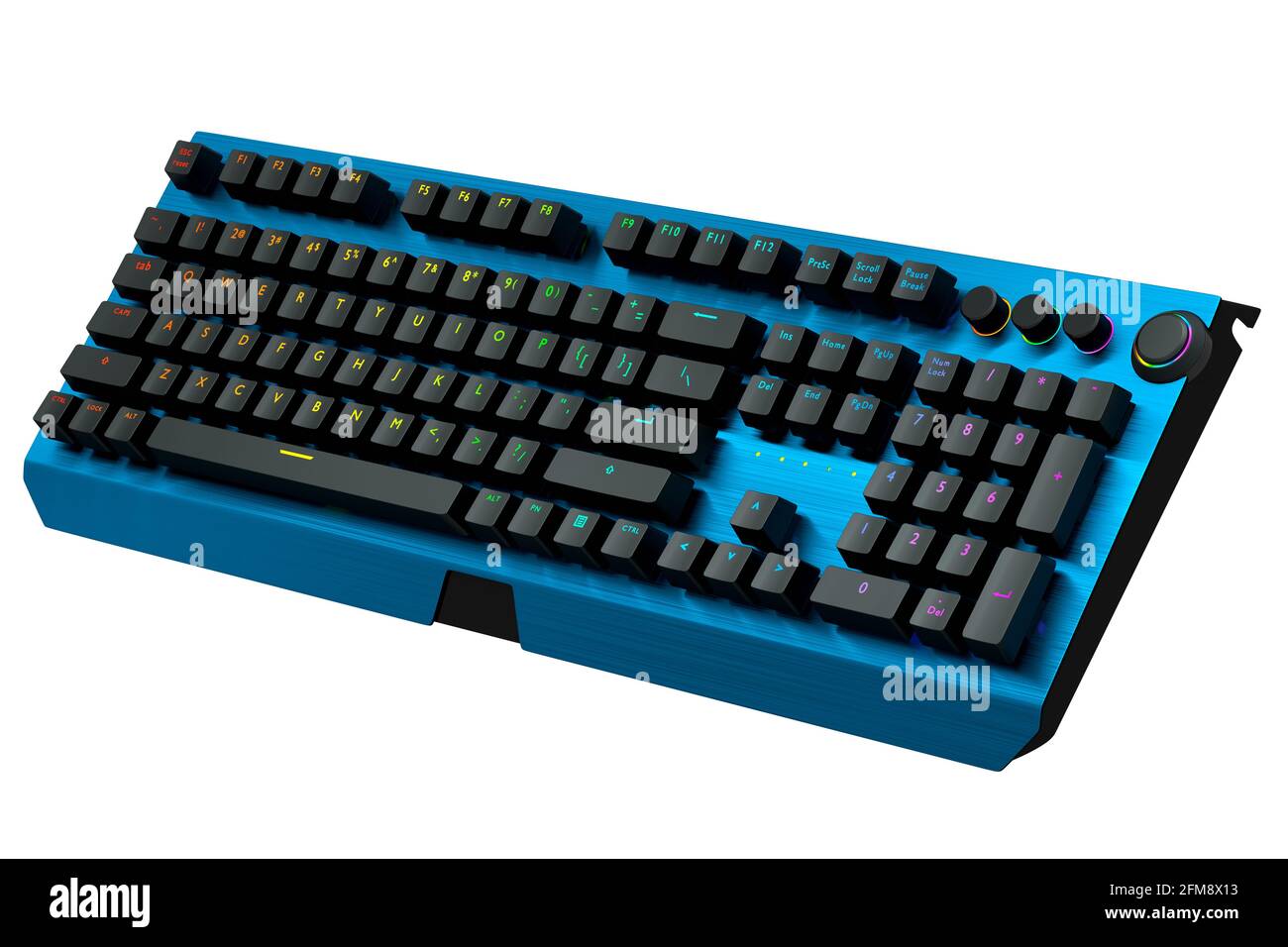 Blue computer keyboard with rgb colors isolated on white background ...