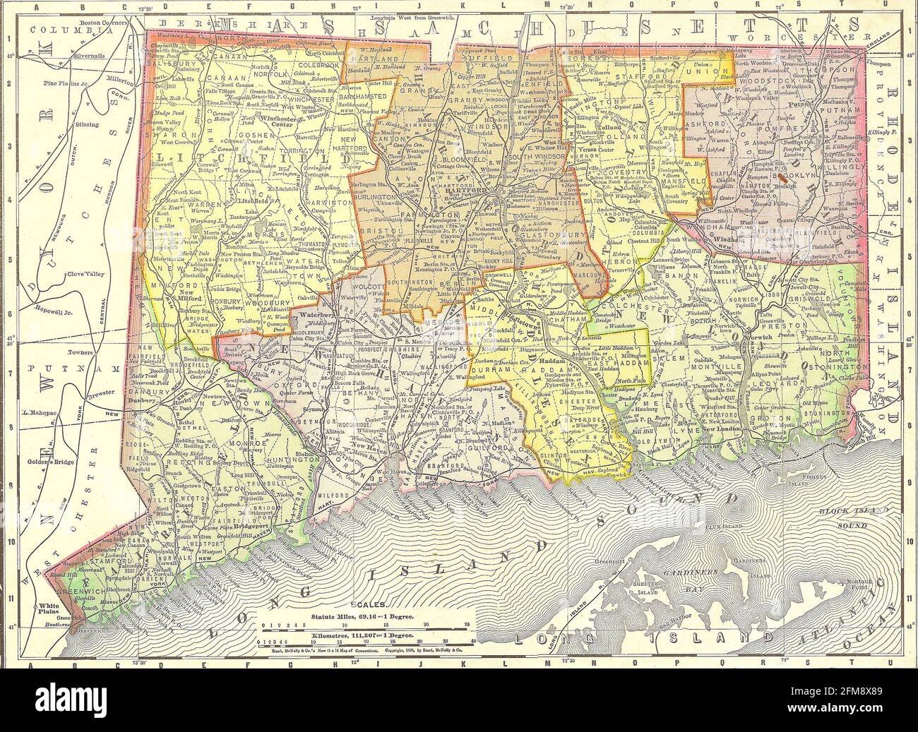 Closeup shot of the vintage 1891 map of Connecticut, USA from the old ...