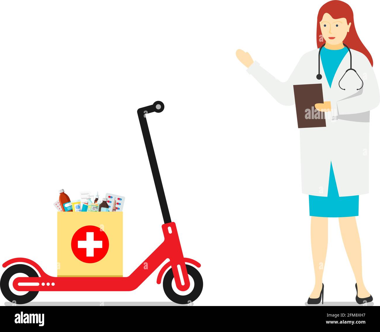 Medical delivery pharmacy. White woman doctor in uniform gown with ...