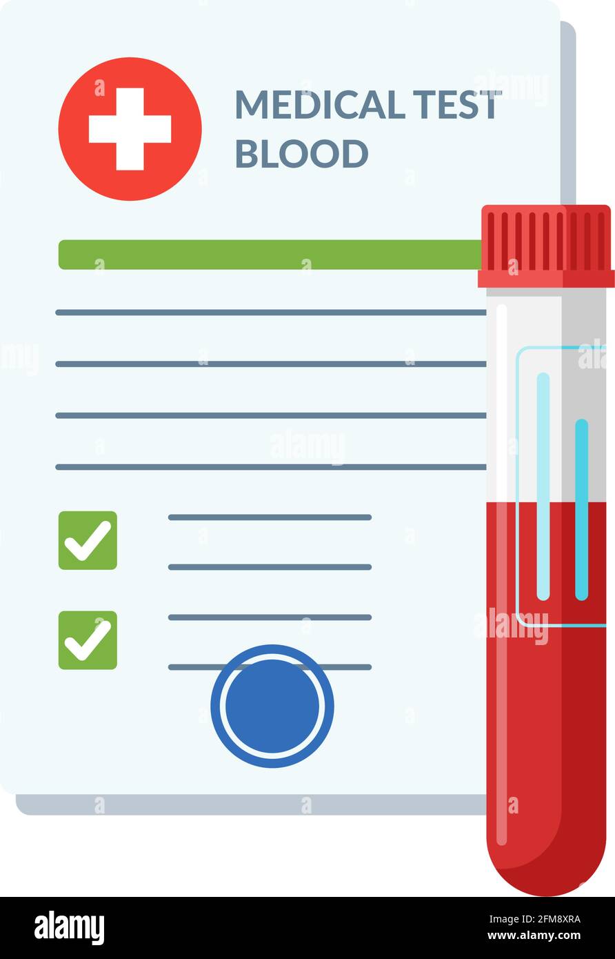 Blood test tube container and medical lab analysis form with results ...