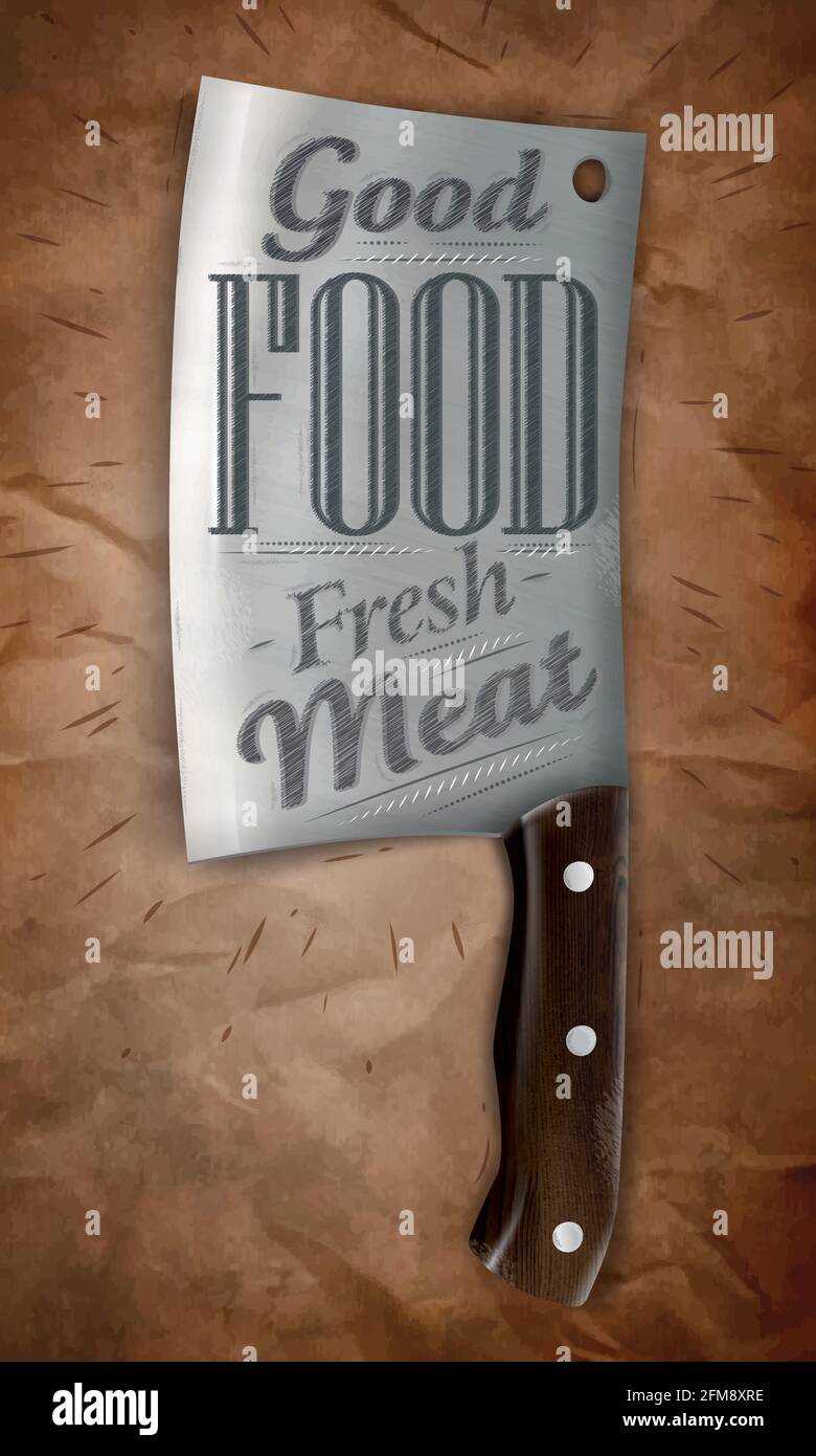 Poster knife for cutting meat in a retro style lettering with good food ...
