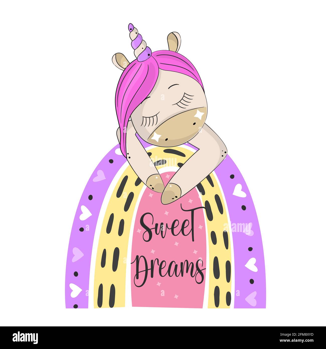 Cute unicorn sleeping on rainbow. Sweet dreams vector illustration ...