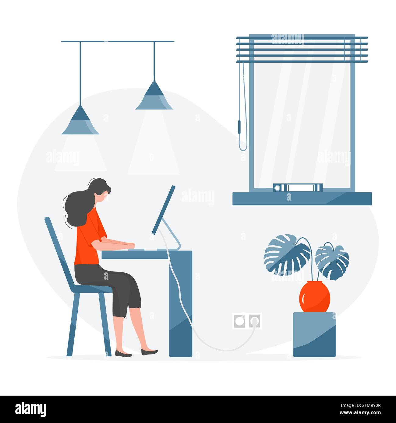 Vector illustration Remote work Girl works, talking in team chat at ...