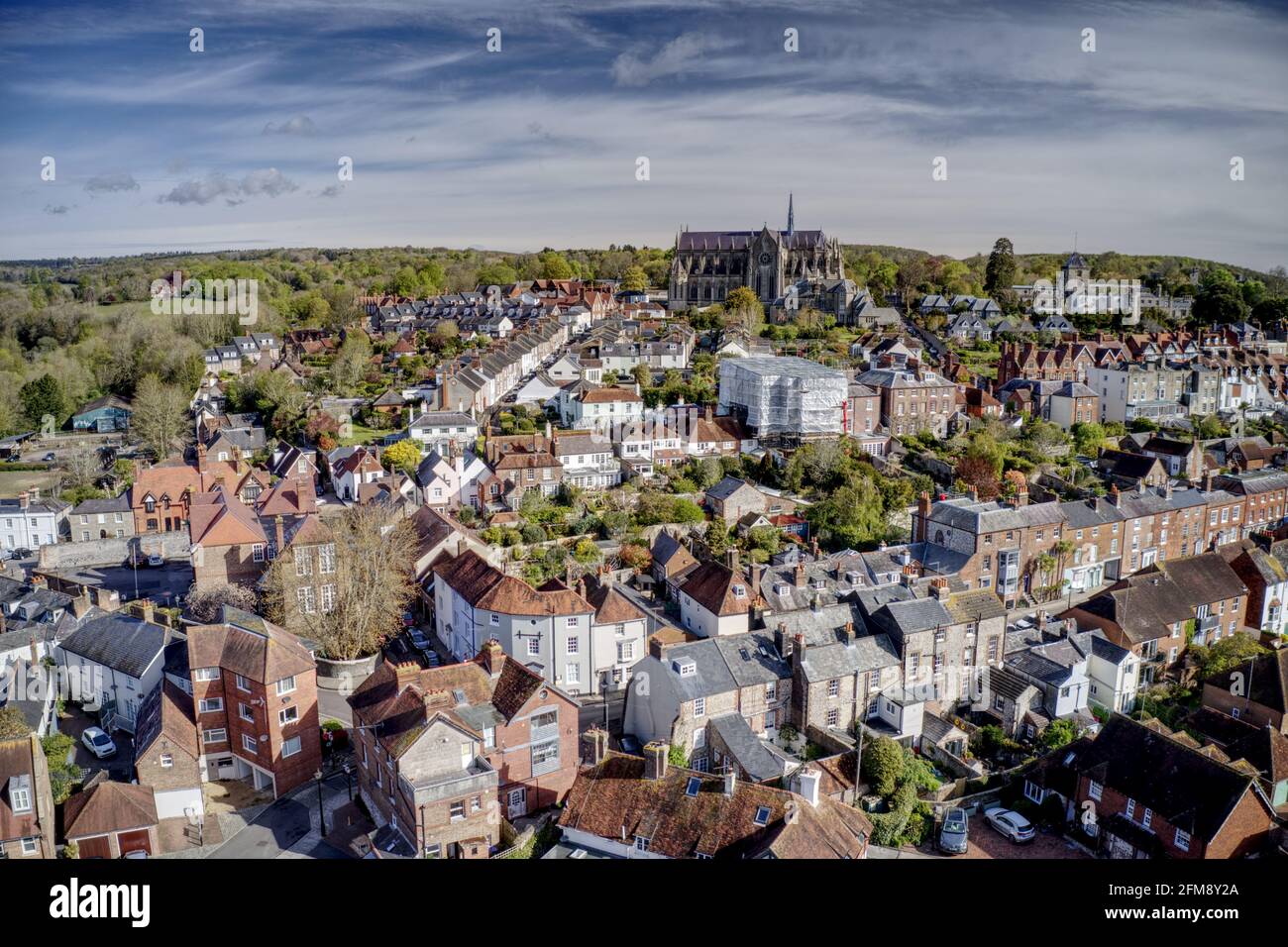 Aerial view of the old town of Arundel in West Sussex, England and ...