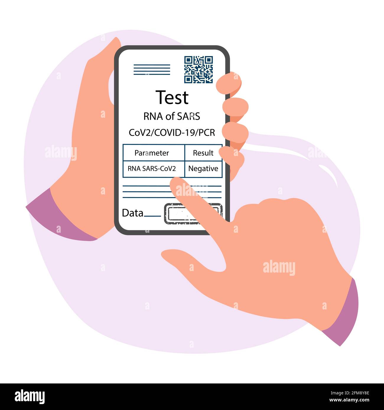Vector illustration 2021 Hands holding cell phone Negative coronavirus ...