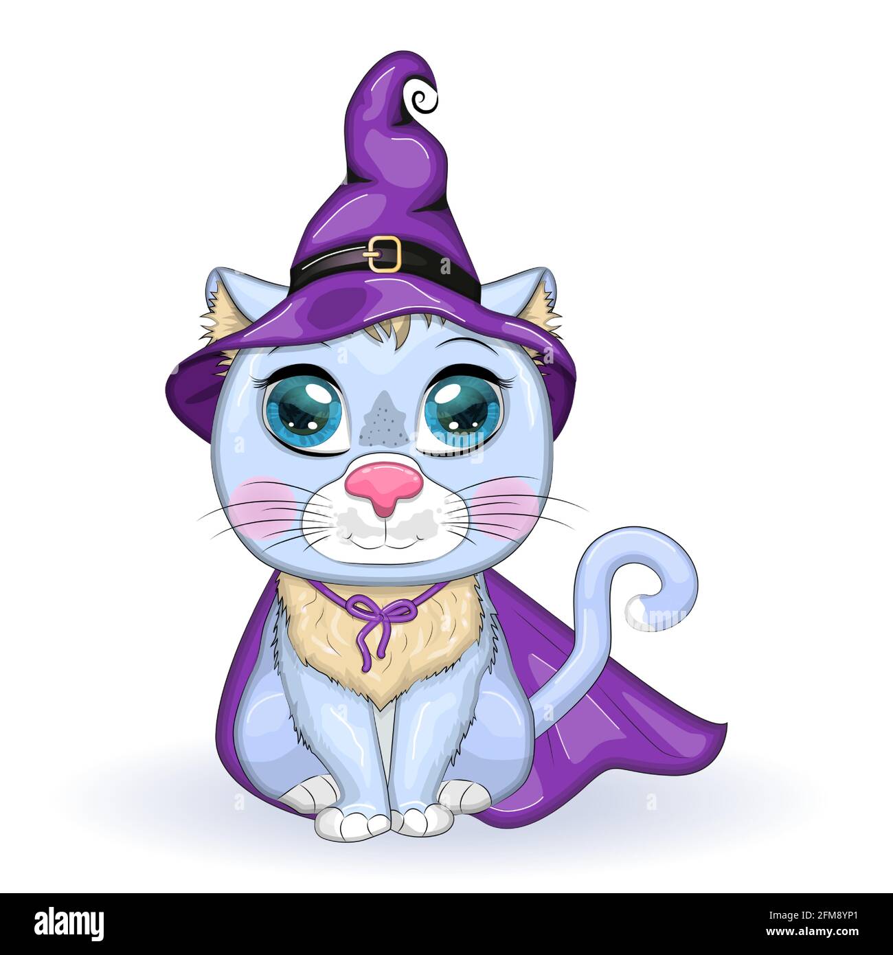 Cartoon cat wearing a purple witch hat and cloak. Halloween poster ...