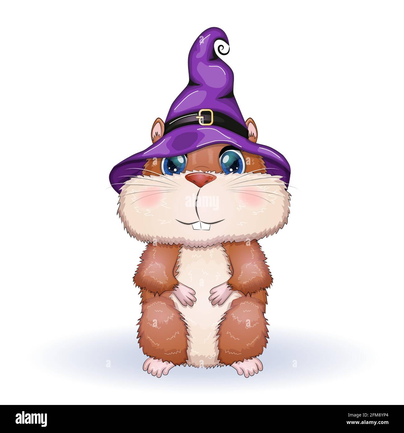 Cartoon hamster wearing purple witch hat with broom, potion or pumpkin ...