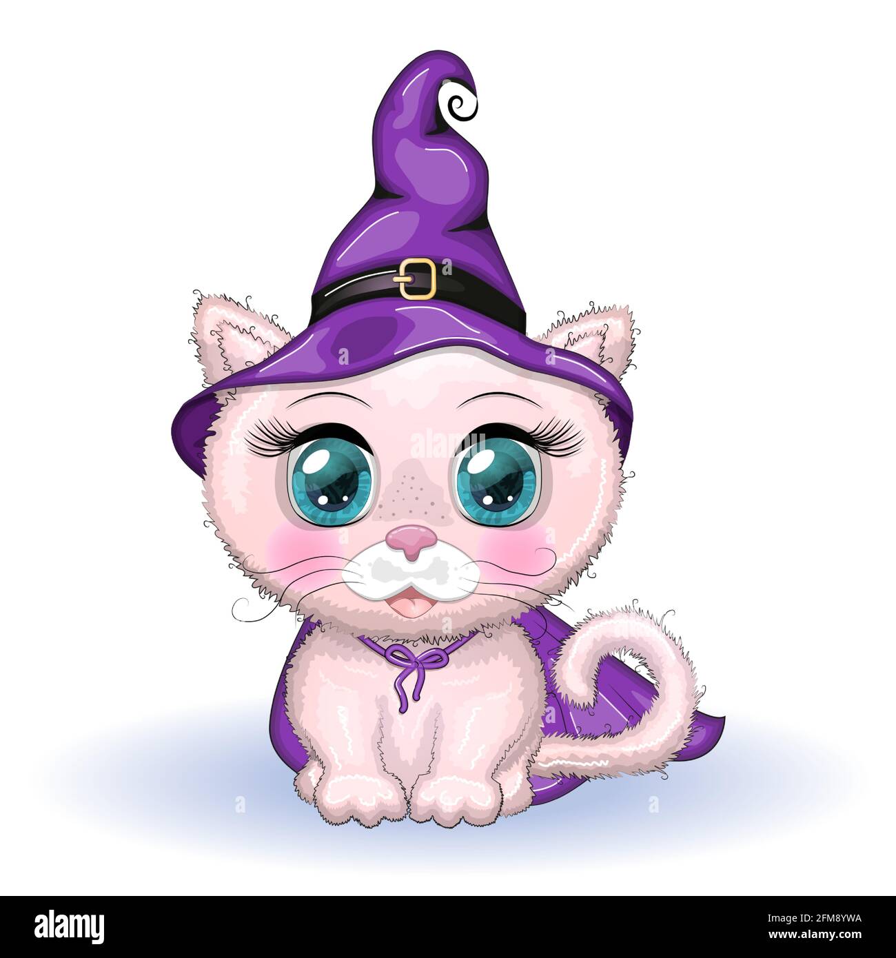 Cartoon cat wearing a purple witch hat and cloak. Halloween poster ...