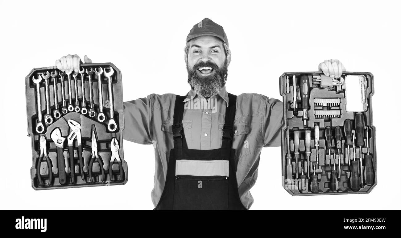 Set of tools. Screwdrivers set. Man carries toolbox white background ...