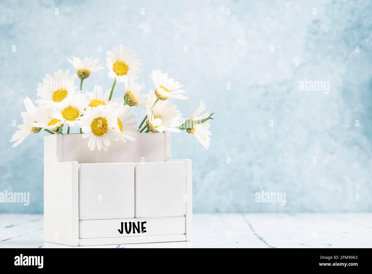 White cube calendar for June decorated with daisy flowers over blue ...