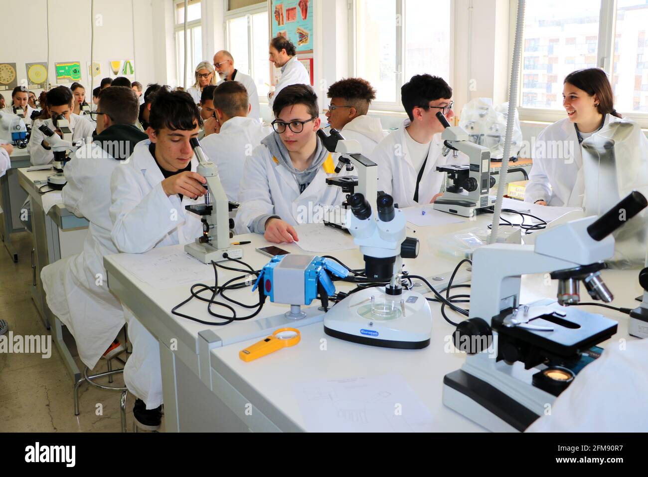 Italian students working under the microscope in the chemistry ...