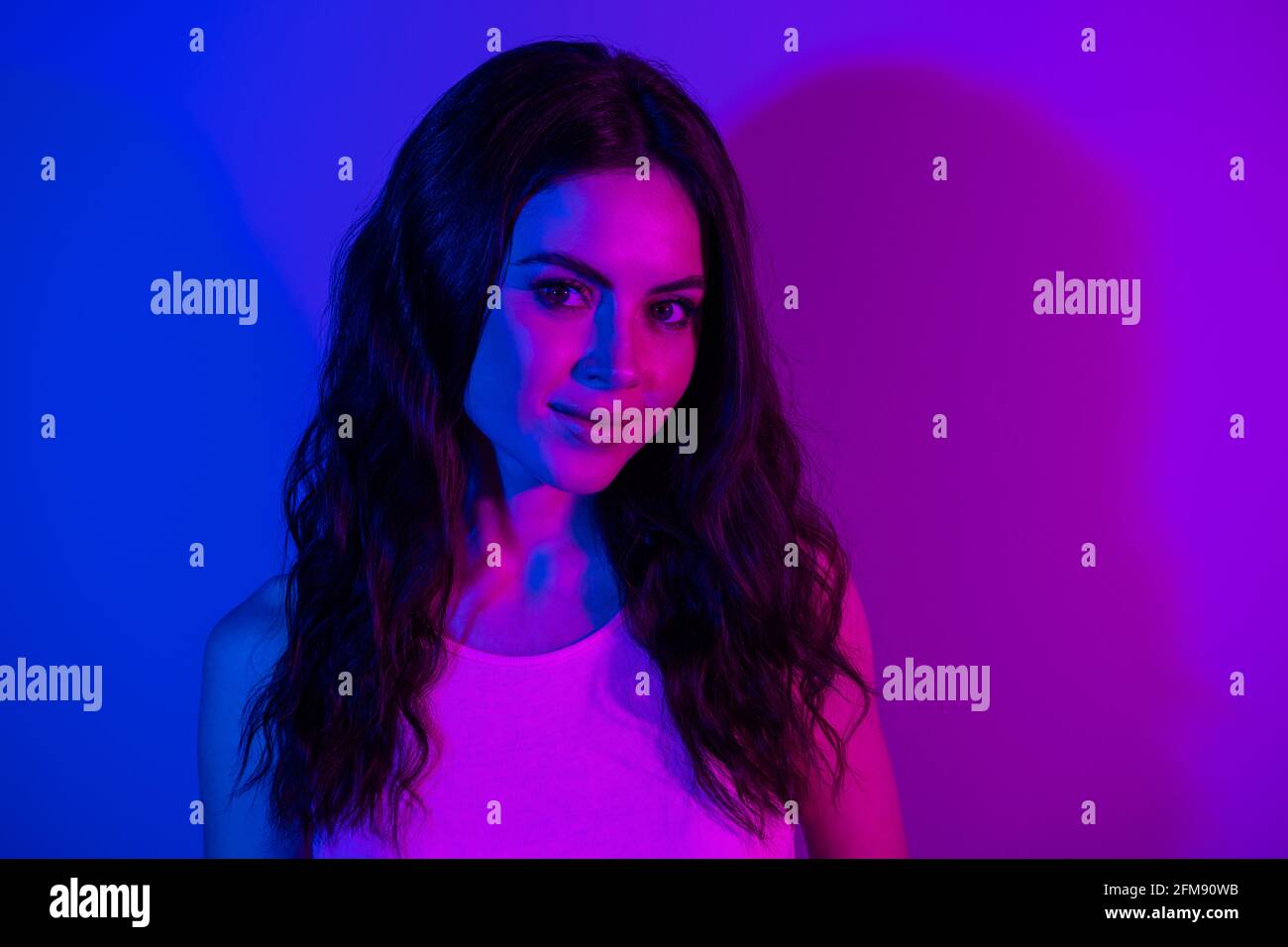 Photo of young attractive girl happy positive smile neon lights have ...