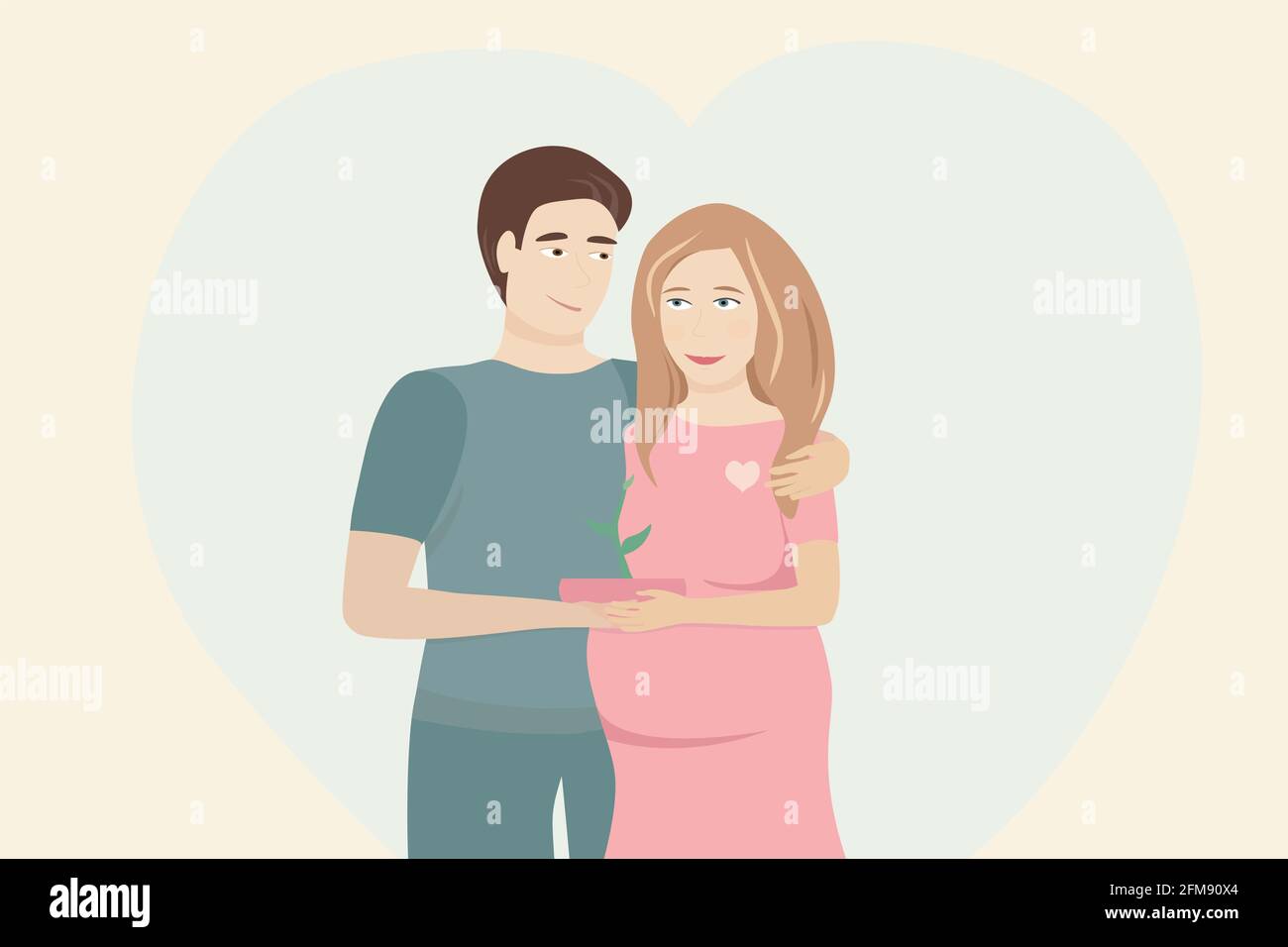 Cute vector illustration of couple, man and pregnant woman holding a ...