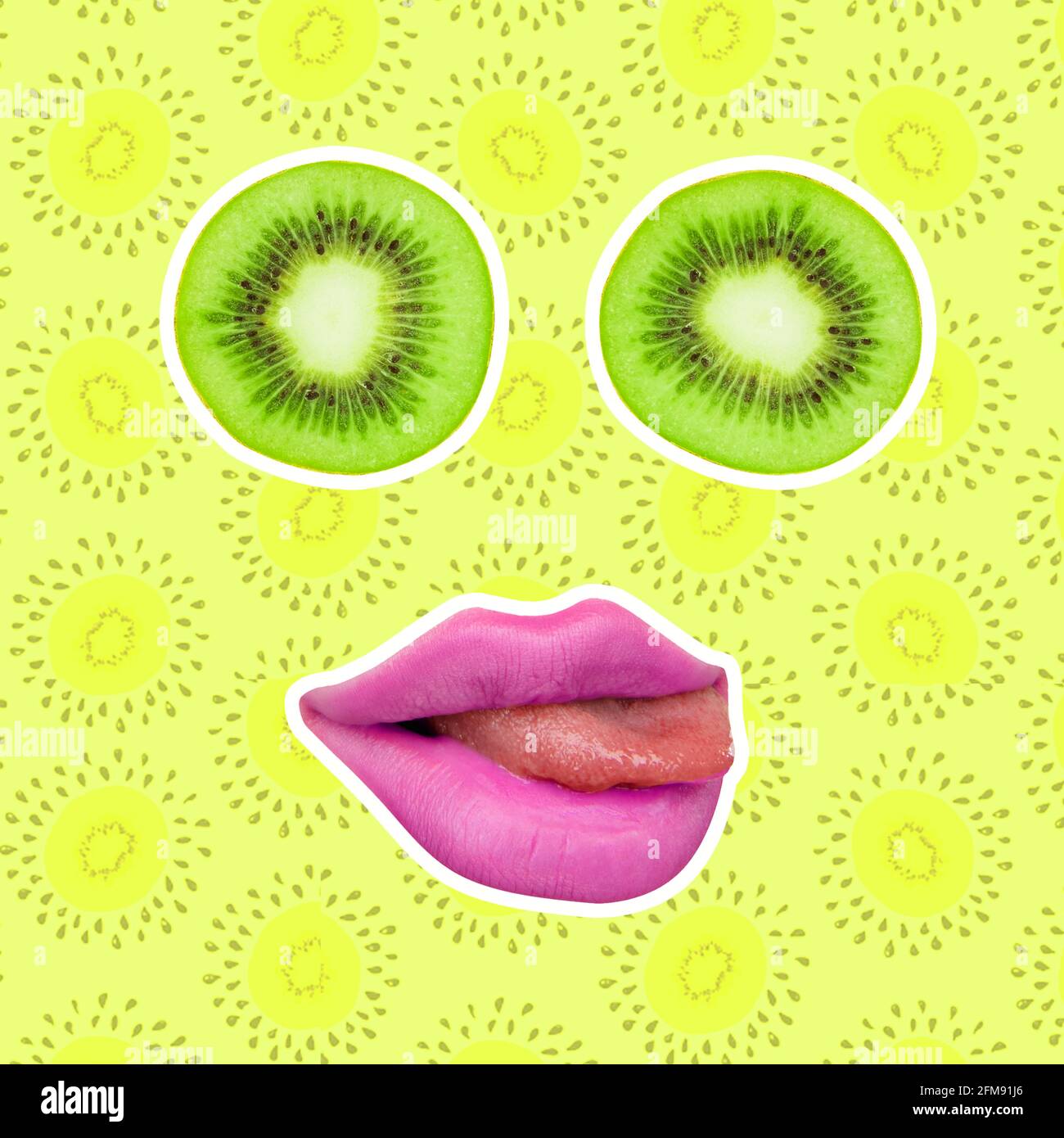 Contemporary art collage, modern design. Summer mood. Juicy kiwi with ...