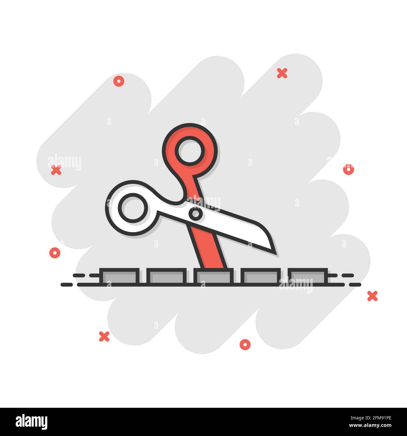 Scissor with cutting line icon in comic style. Cut equipment cartoon ...