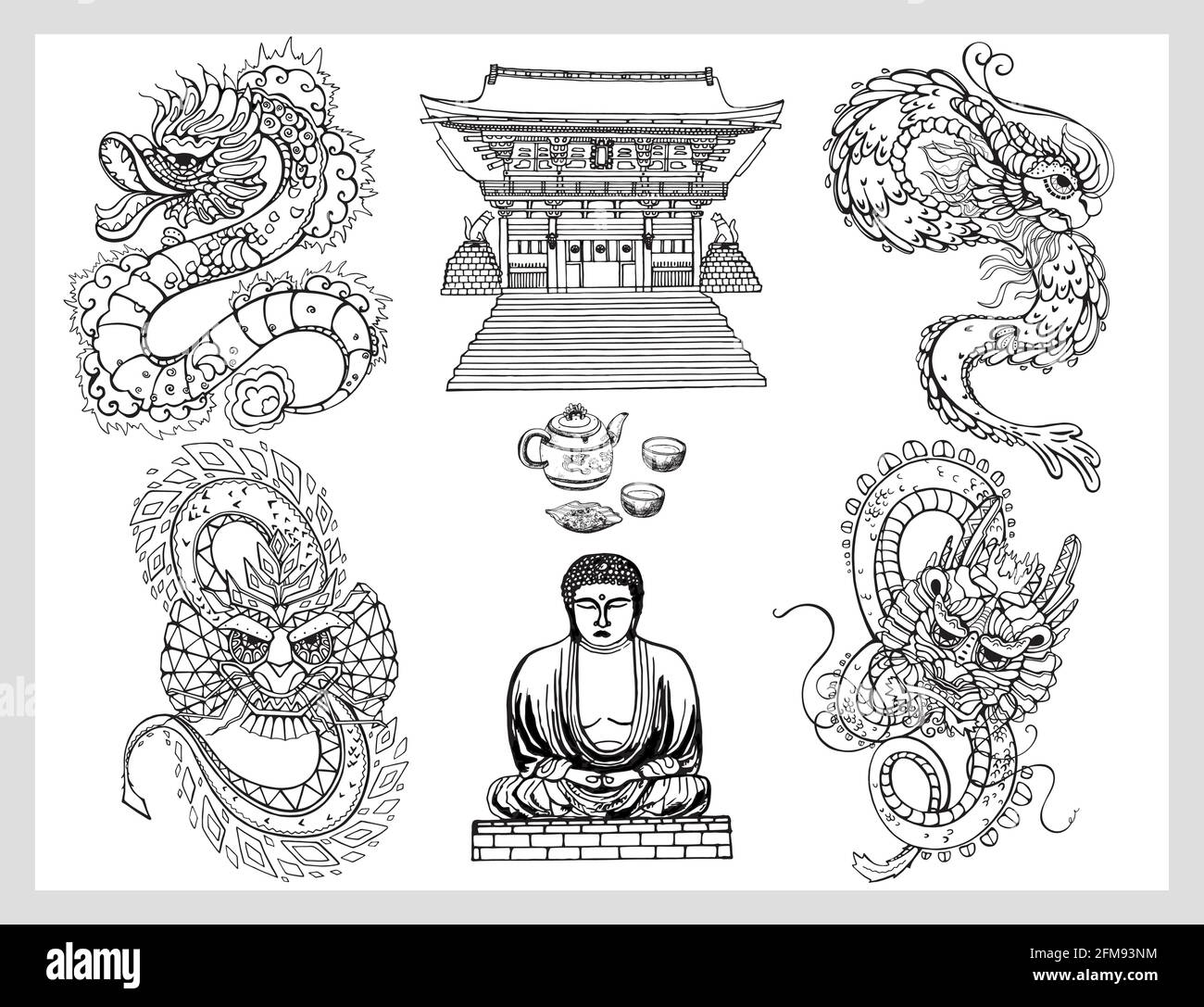 Set of hand drawn sketch style abstract dragons, temple, Buddha statue ...