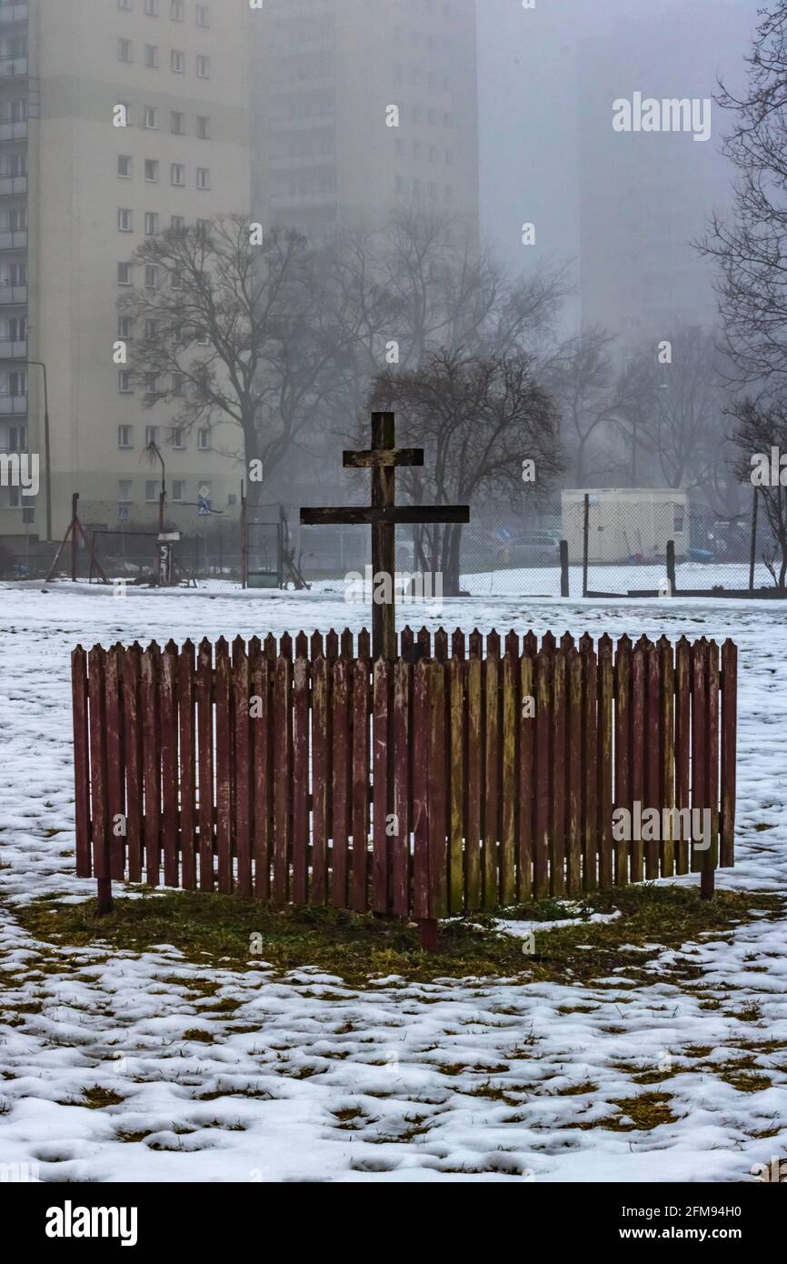 Vertical shot of a wooden monument in a residential area Stock Photo ...