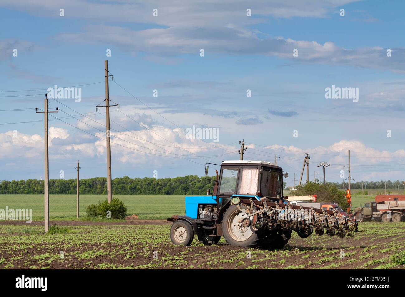 field work in agriculture. farmer's tractor harrows the field after ...
