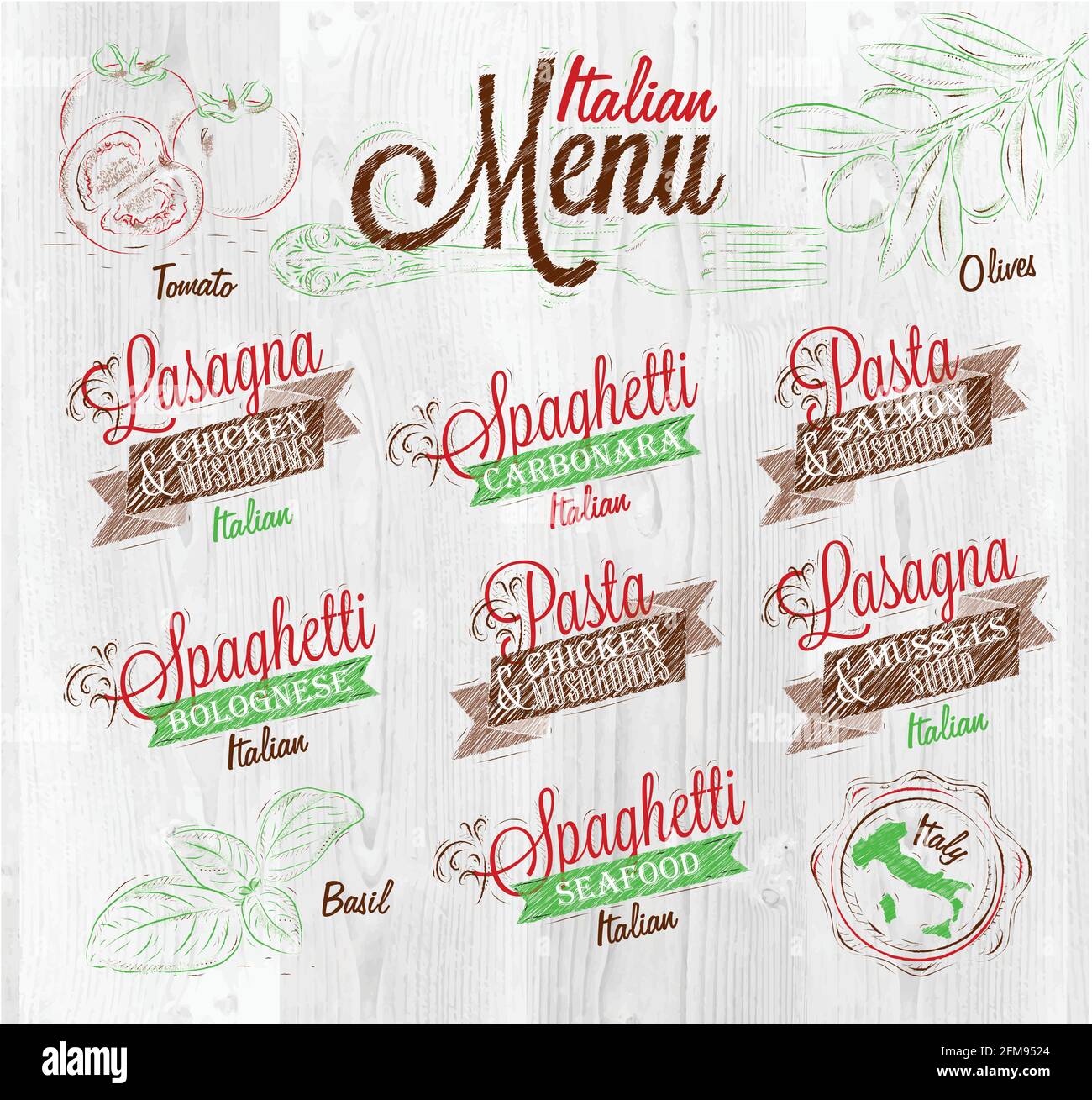 Menu Italian the names of dishes of spaghetti, lasagna, pasta carbonara ...