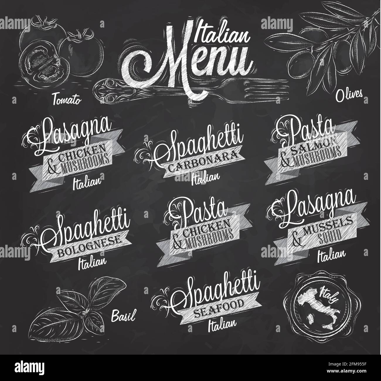 Menu Italian the names of dishes of spaghetti, lasagna, pasta carbonara ...