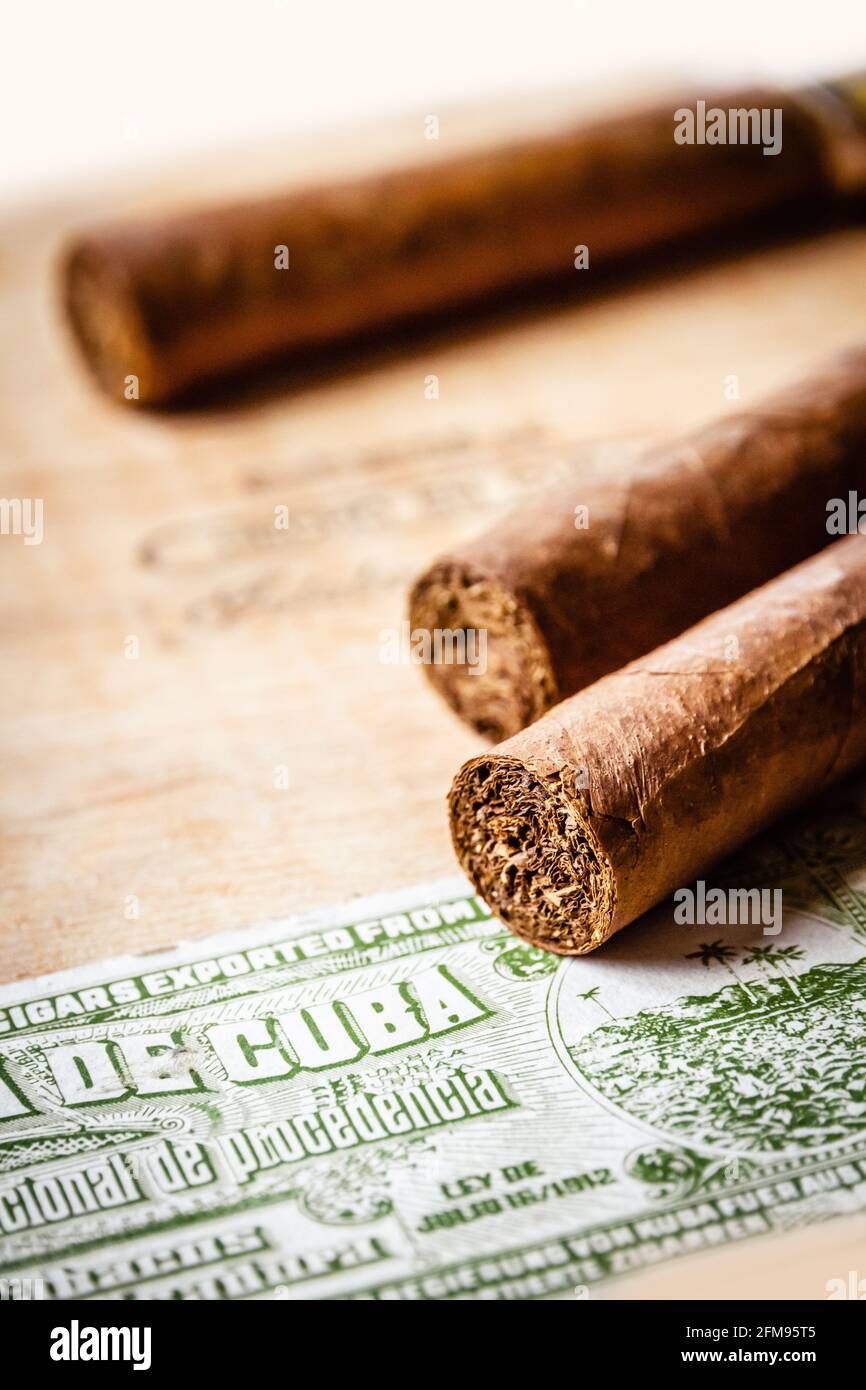 Cigars on vintage wooden box with Cuban official tax label Stock Photo ...