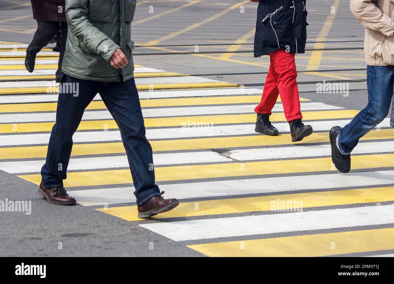 pedestrians cross the street at a pedestrian crossing on spring day ...
