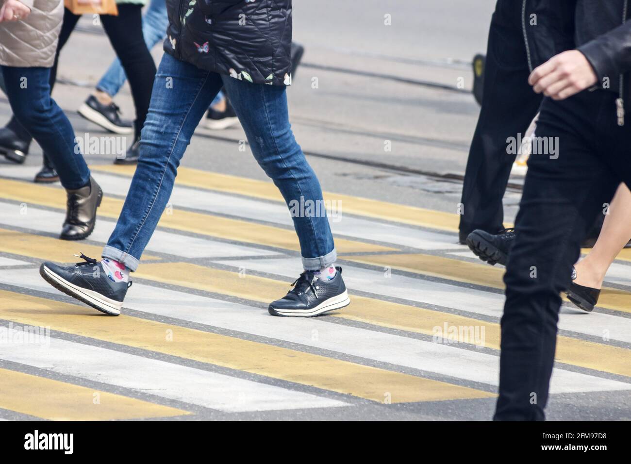 pedestrians cross the street at a pedestrian crossing on spring day ...