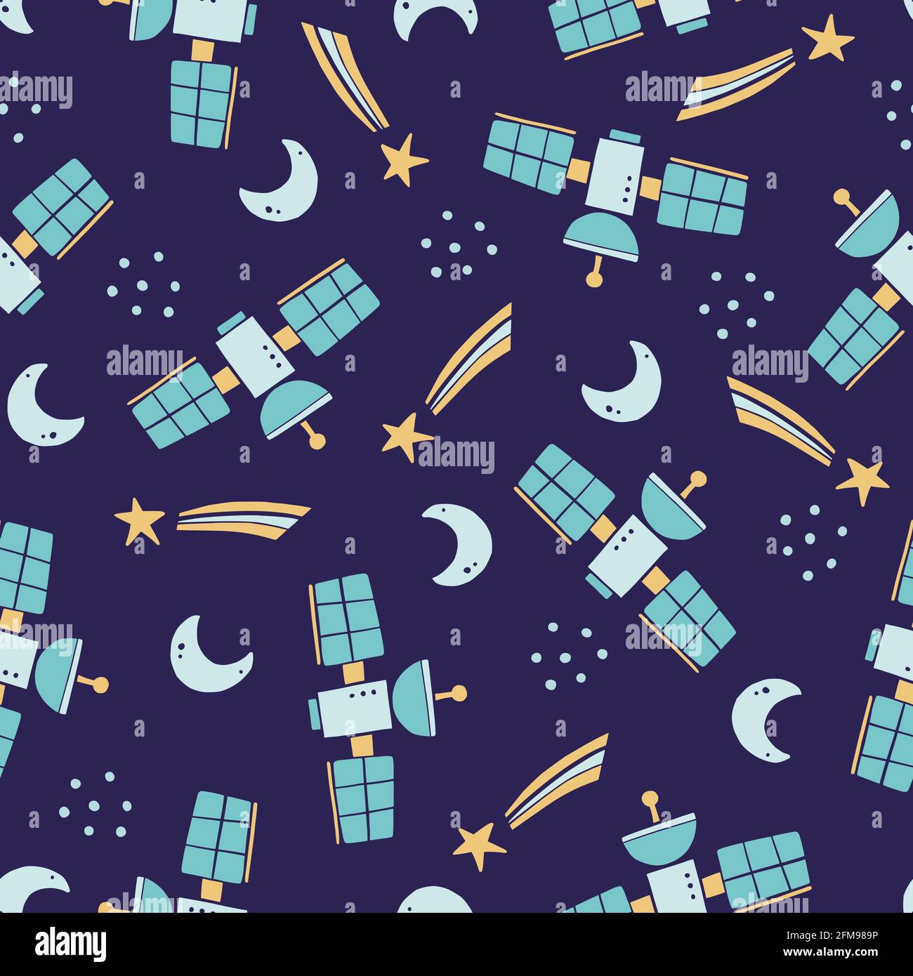 Cute childish seamless pattern of space elements, moon, star, satellite ...