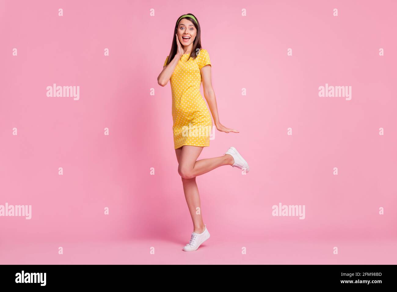 Full length body size view of charming slender delighted cheerful girl ...