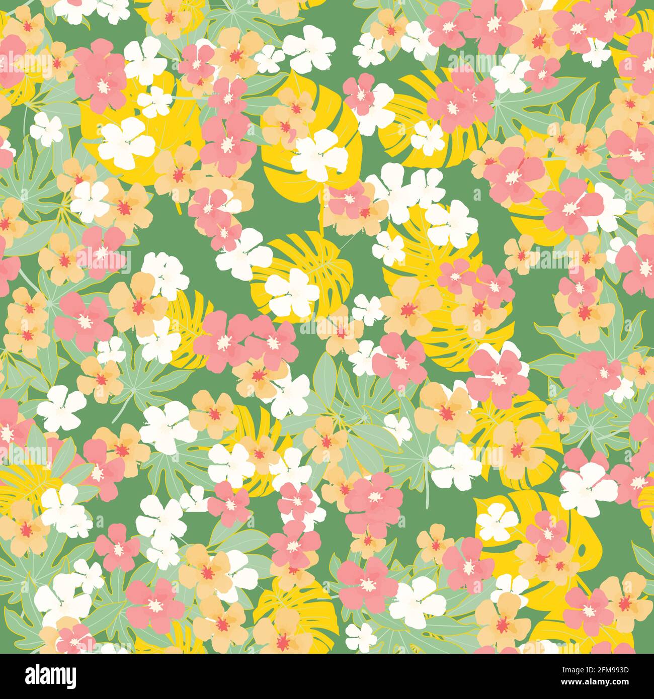 Summer bright seamless pattern in Hawaiian style with tiny flowers and ...