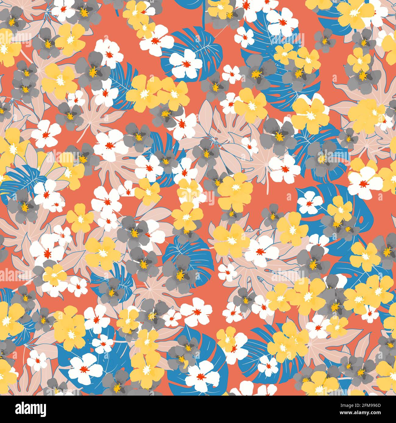 Summer bright seamless pattern in Hawaiian style with tiny flowers and ...