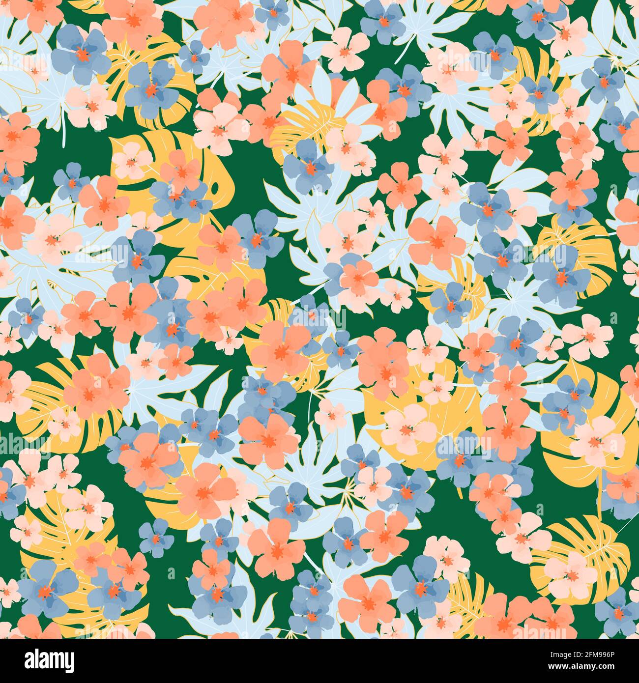 Summer bright seamless pattern in Hawaiian style with tiny flowers and ...