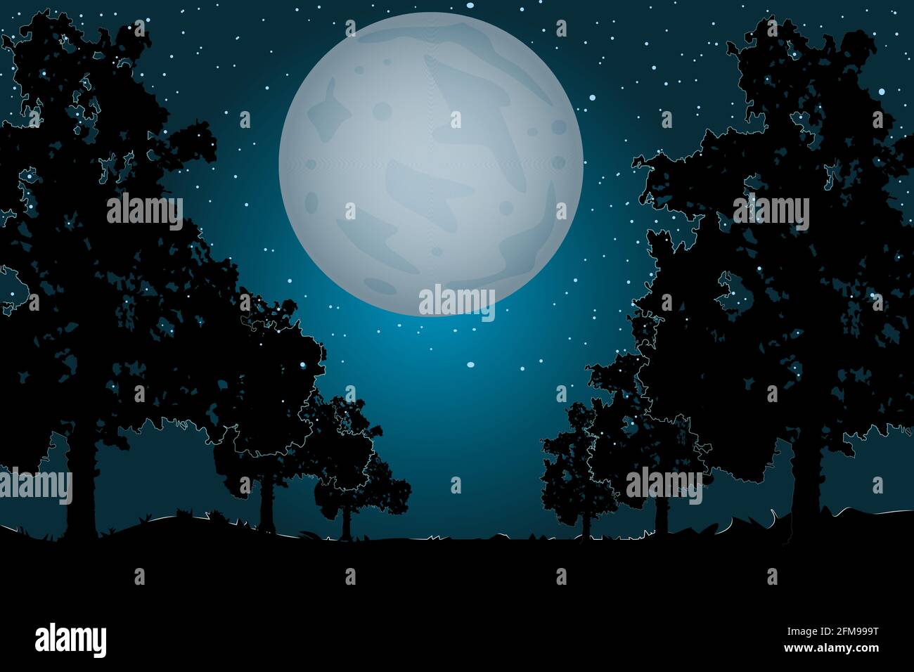 Landscape with moon, trees and path. Night sky and moonlight. Evening ...