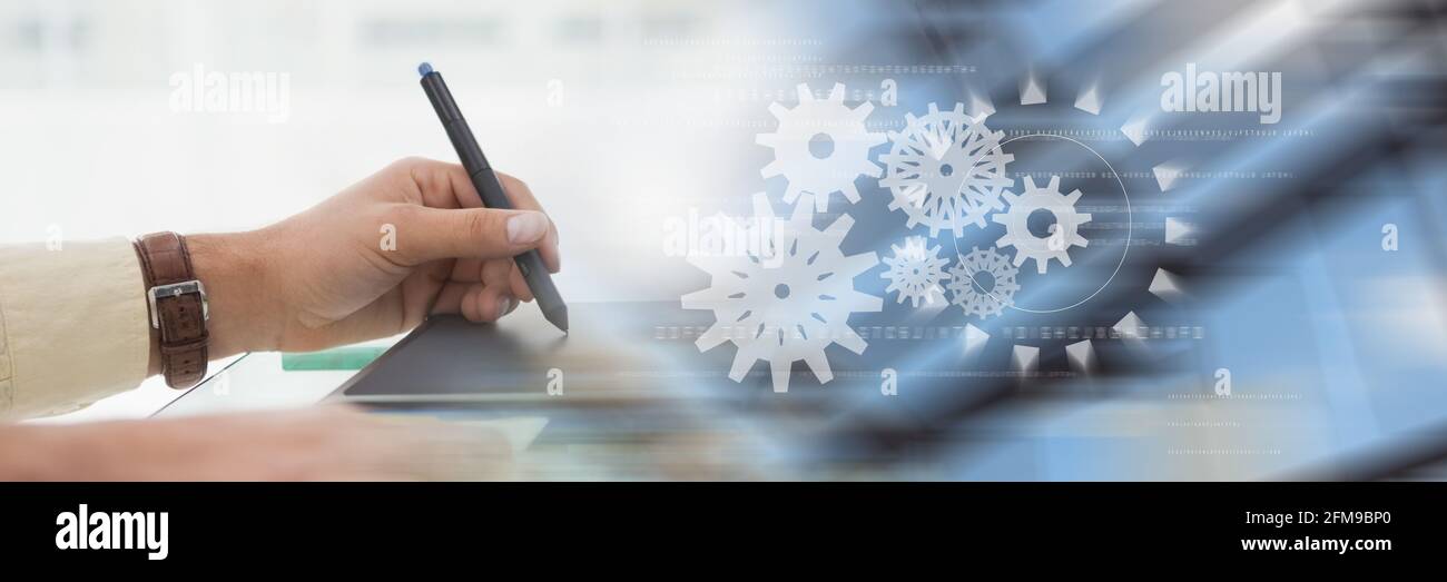 Machine cogs over a woman using graphics tablet, technology and ...