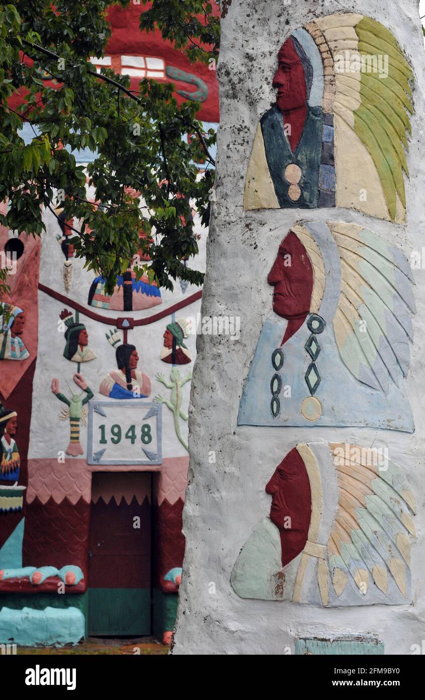 Folk art works at Ed Galloway’s Totem Pole Park, a roadside attraction ...
