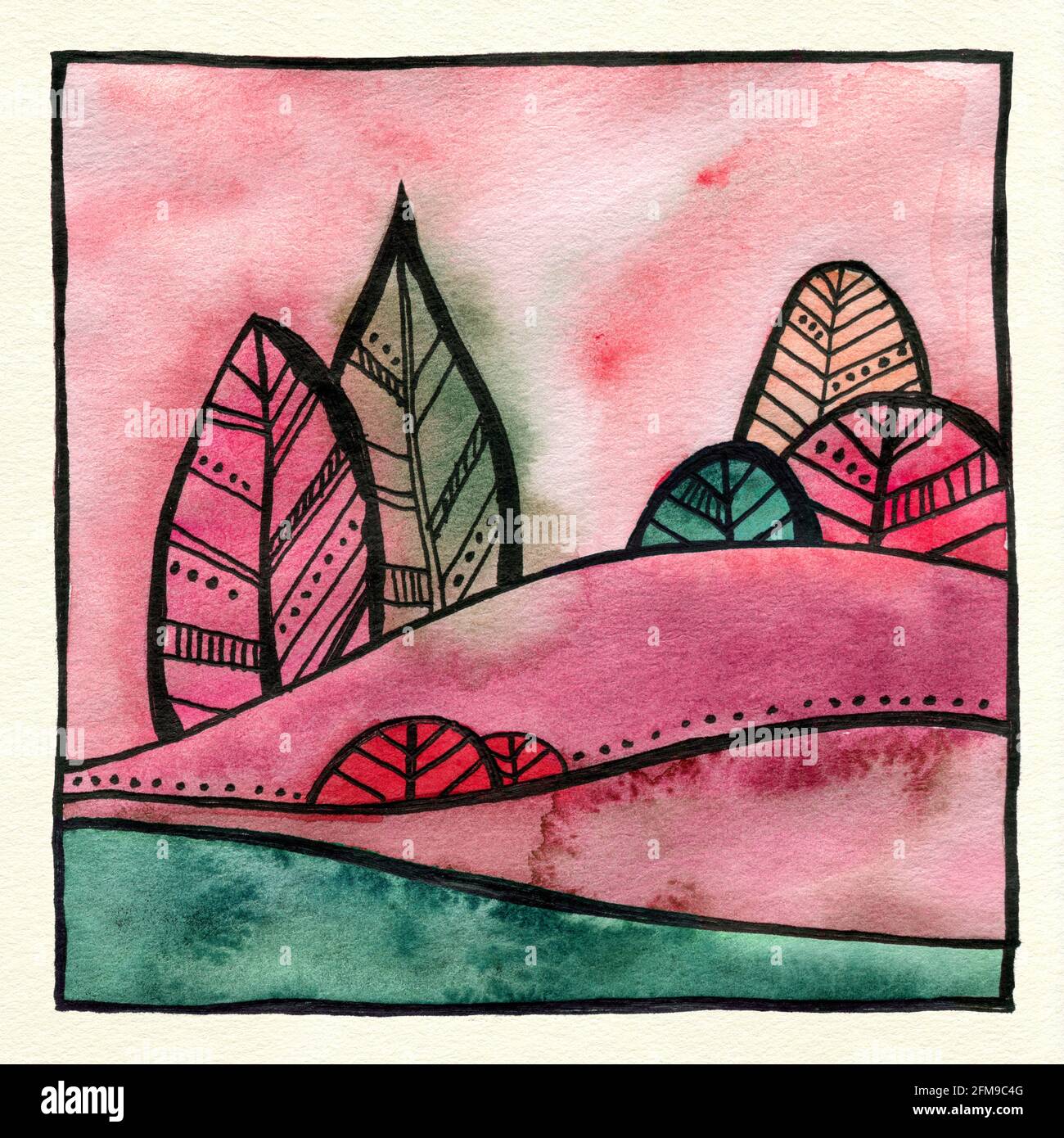 Abstract decorative landscape watercolor illustration. Calm watercolor ...