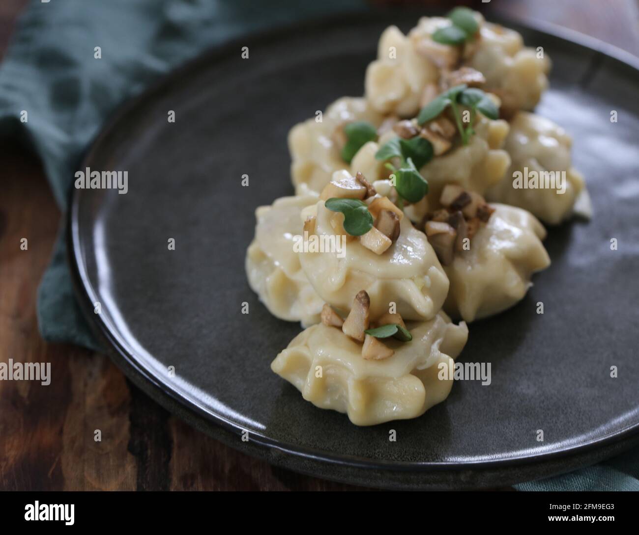 traditional food russian dumplings with sauce on a plate Stock Photo ...