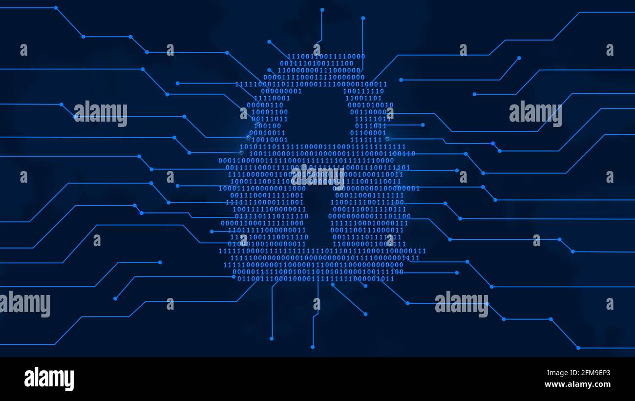 Safety technology concept - closed padlock stylized built of binary code between information ...