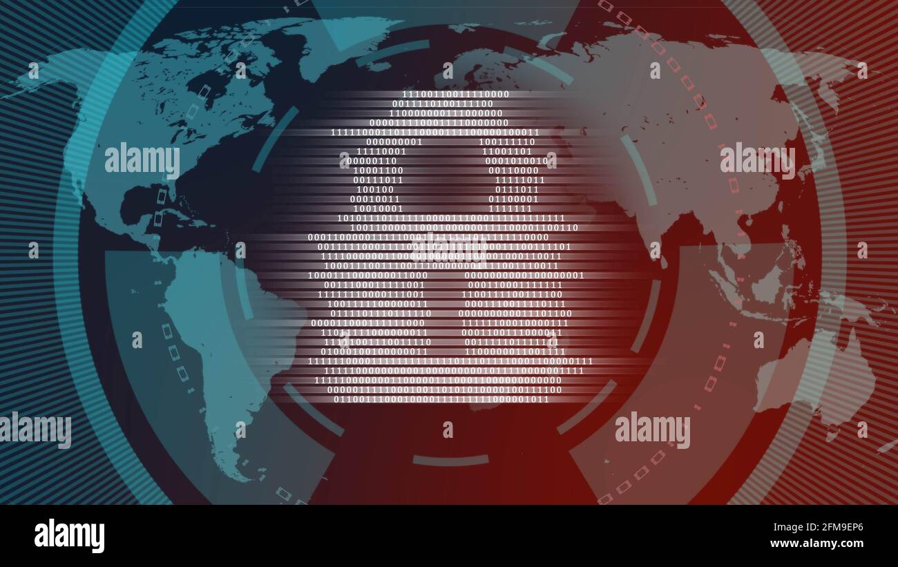 Safety technology concept - closed padlock stylized built of binary code on digital background ...