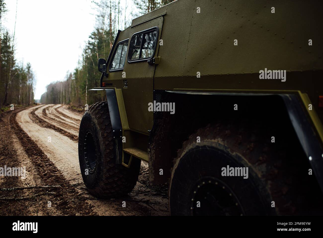 a four-wheel drive all-terrain vehicle drives through the forest ...