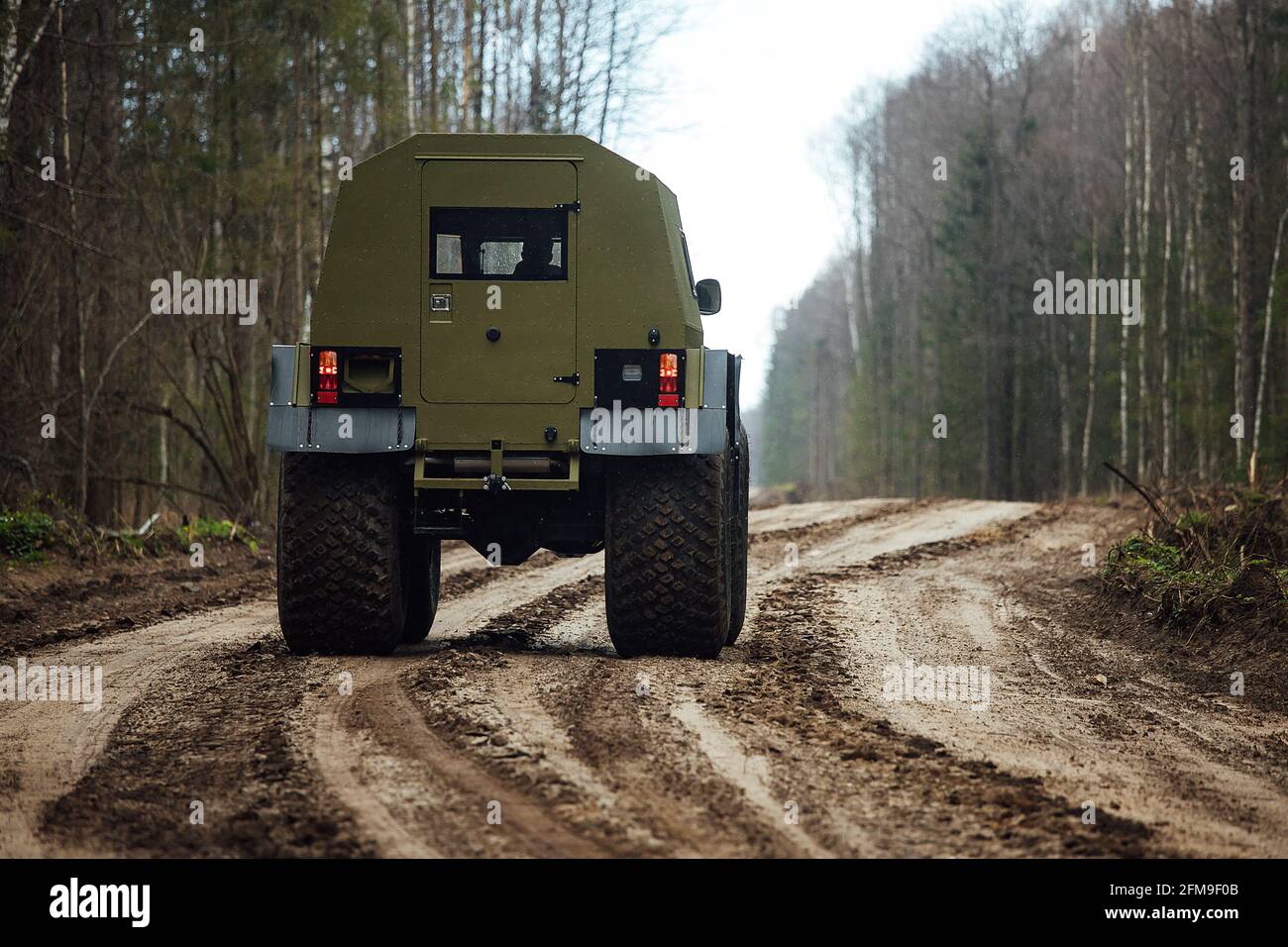 a four-wheel drive all-terrain vehicle drives through the forest ...