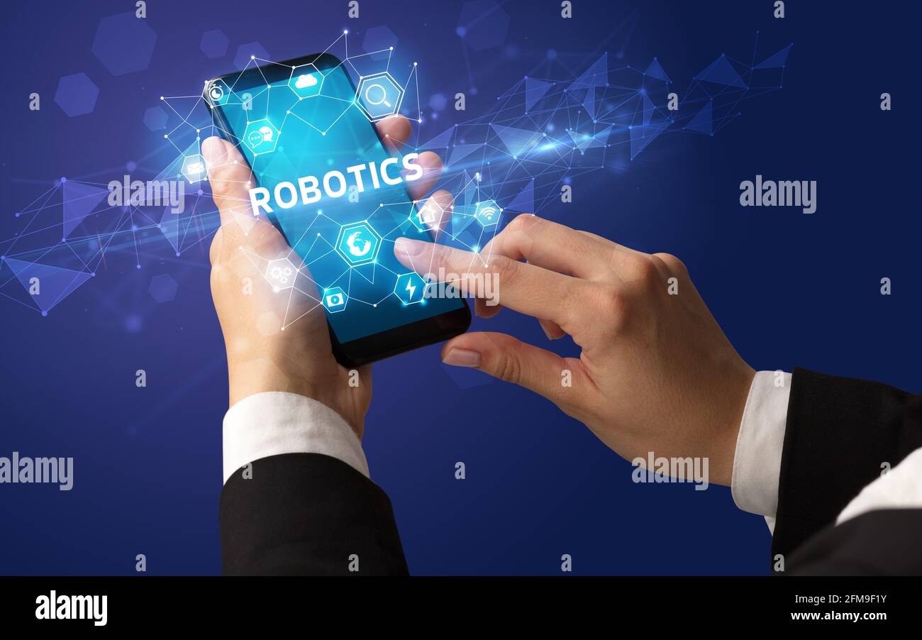 Hand using smartphone with technology concept Stock Photo - Alamy