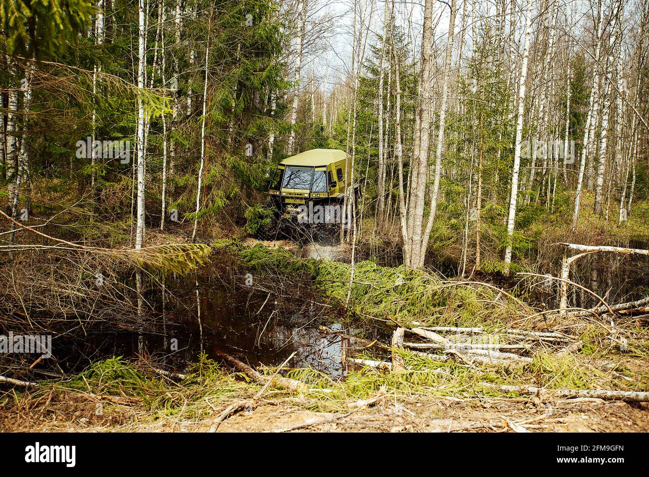 a four-wheel drive all-terrain vehicle drives through the forest ...