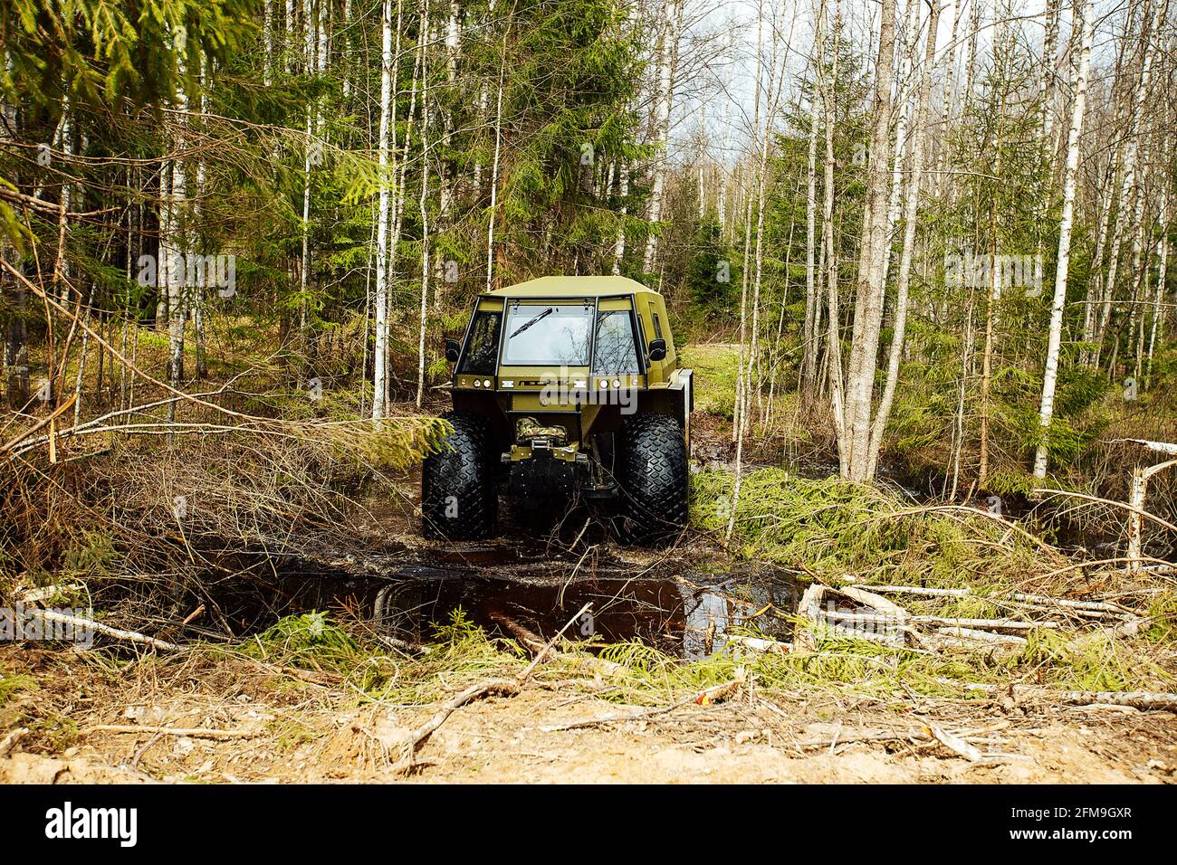 a four-wheel drive all-terrain vehicle drives through the forest ...